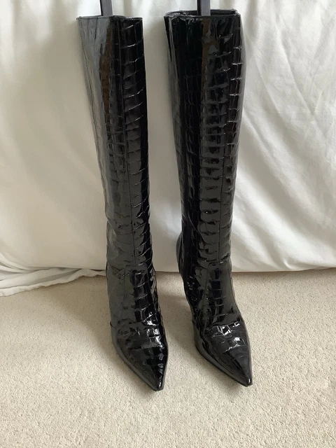 BLACK PATENT KNEE High Stiletto Boots Moc Croc Pattern Size 38 £52.70 ...