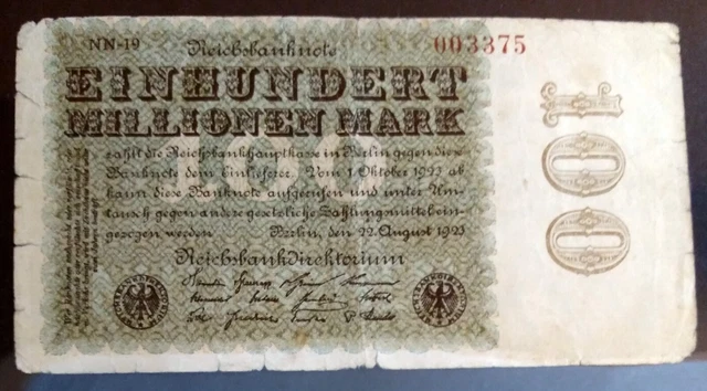 GERMANY 1923 : Reichsbanknote - 100 Million Mark, 22nd August. Serial ...
