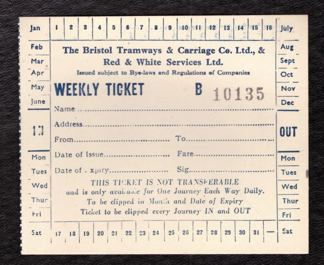 BRISTOL TRAMWAYS RED & White Weekly Ticket Bus/Tram Ticket Unissued £1. ...