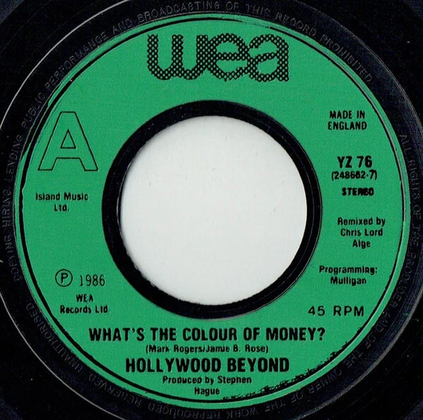 HOLLYWOOD BEYOND - What's The Colour Of Money - Used Vinyl Record 7 ...