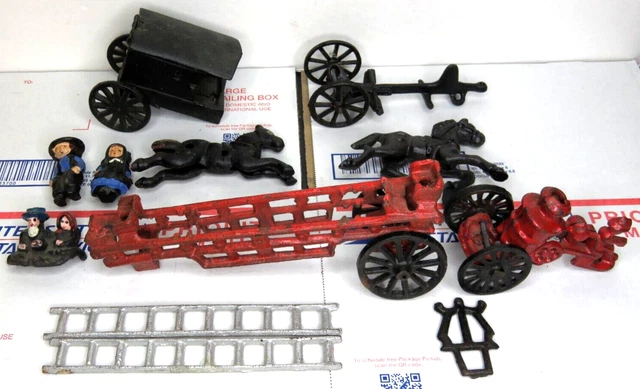 ANTIQUE CAST IRON Figure LOT Fireman Carriage, Horses Amish VTG 1920 ...