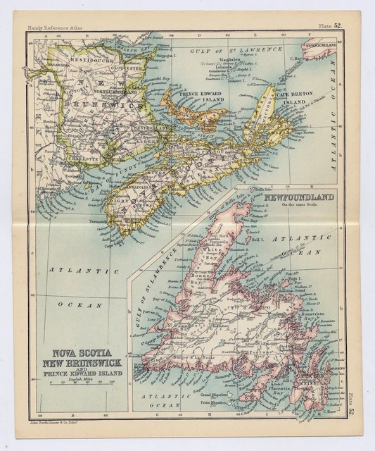 1912 ANTIQUE MAP Of Newfoundland New Brunswick Nova Scotia / Verso ...