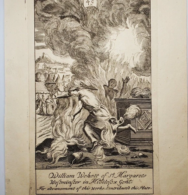 ORIGINAL ANTIQUE BIBLE engraving 17th century print English flames ...
