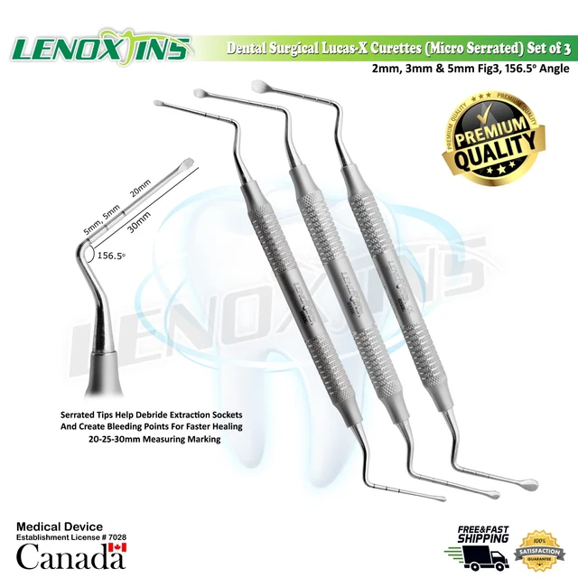 NEW LUCAS SURGICAL Curettes Micro Serrated Set of 3, 156angle Dental ...
