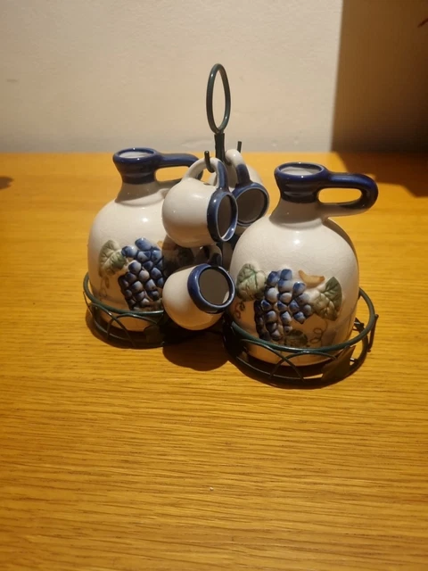 MINIATURE SET CERAMIC Wine Goblets Decanter Wire Tray Holder Box Dolls ...