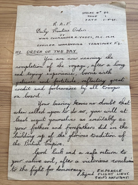 WWII 1941 HANDWRITTEN RAF Daily Routine Orders by Wing Cdr Yates £2.99 ...