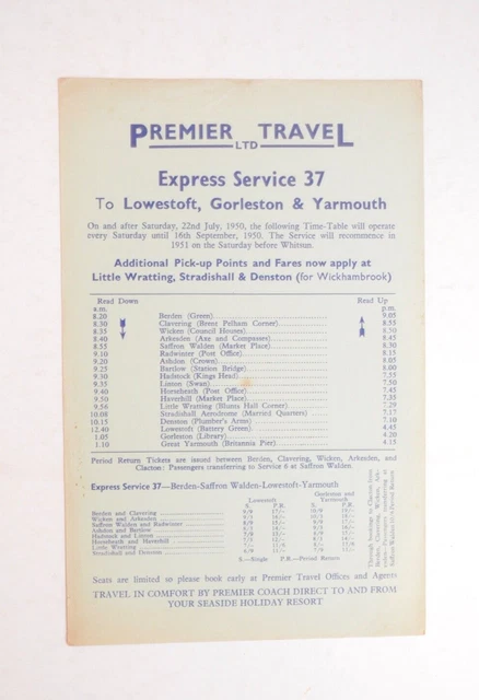 BUS COACH TIMETABLE Handbill Premier Travel Express Svc. 37 Lowestoft ...