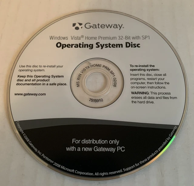 GATEWAY MICROSOFT OPERATING System Disc Windows Vista Home Premium 32 ...