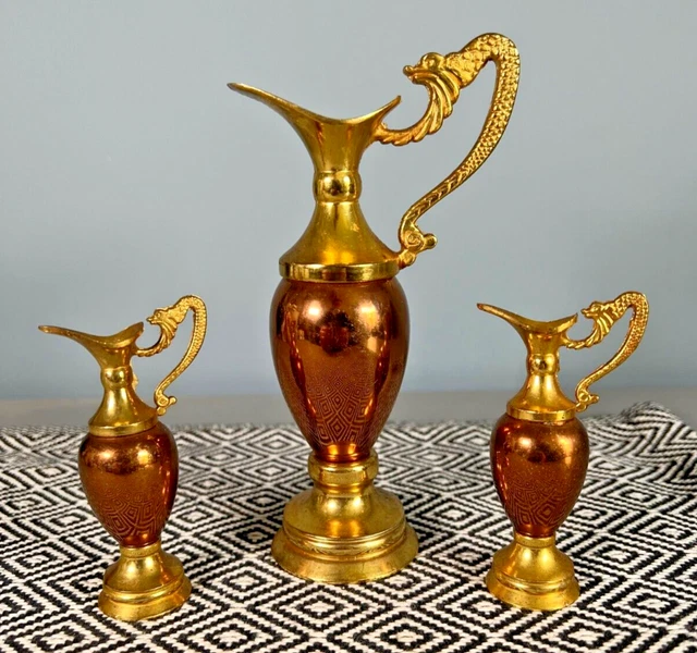 BRASS COPPER VASE Juglet with Chinese Dragon Handle Set Of 3 £20.00 ...
