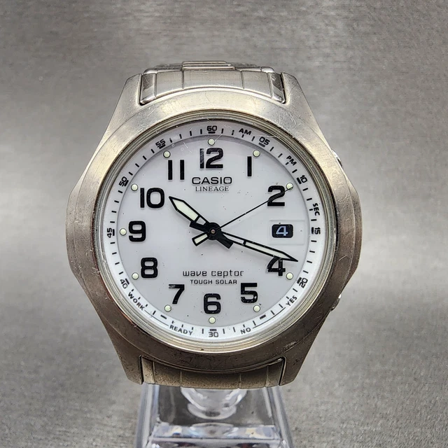 CASIO LINEAGE WATCH Men 41mm White Dial Titanium Solar Atomic Date LIW ...