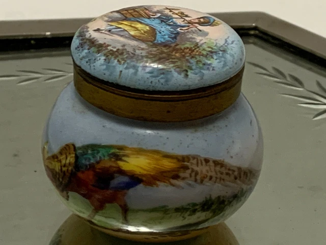 ANTIQUE ENAMEL ON Copper JAR Hnd Pntd Signed AF Girl BIRDS French ...