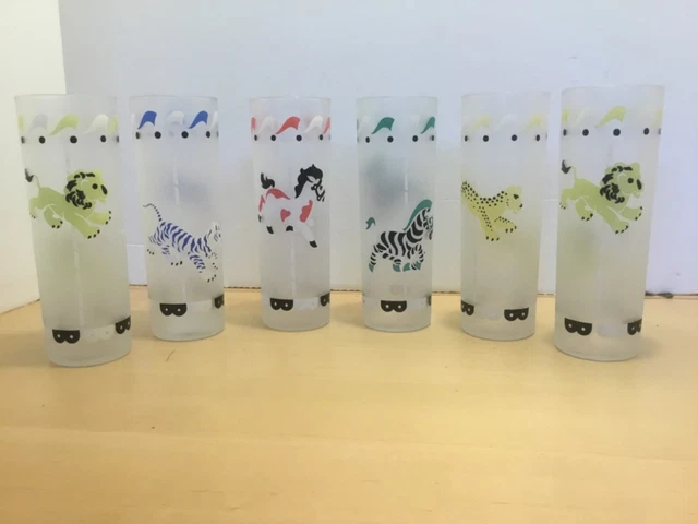 MCM 6 COCKTAIL Glasses Vintage Carousel Circus Animal LIBBEY Tom ...