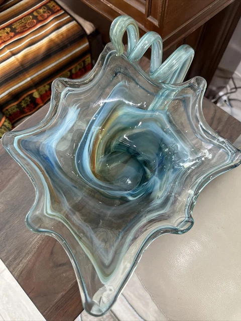 VINTAGE MID CENTURY Modern Hand Blown Art Glass Cornucopia Swirly Artsy ...