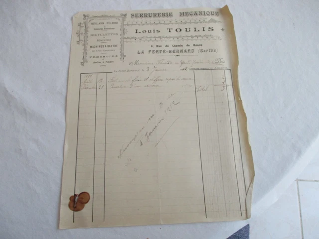 ANCIENNE FACTURE PAPIER à entête - Louis Toulis, serrurerie mécanique ...