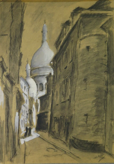 DESSIN ANCIENNE CHARBON Vue Urbaine France Signé Tableau Papier BM53.6B ...