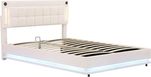 DOUBLE LED STORAGE Bed USB Charging Tufted Headboard 4ft6 Beige 135x190 ...