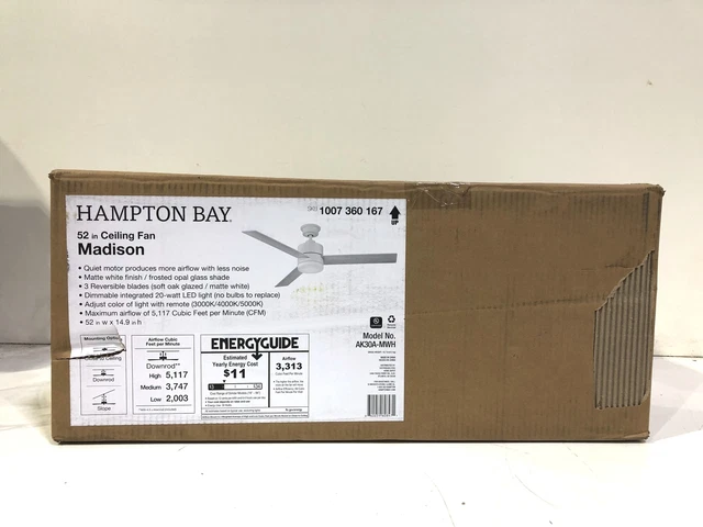 HAMPTON BAY MADISON 52 in. Integrated LED Indoor Matte White Ceiling ...