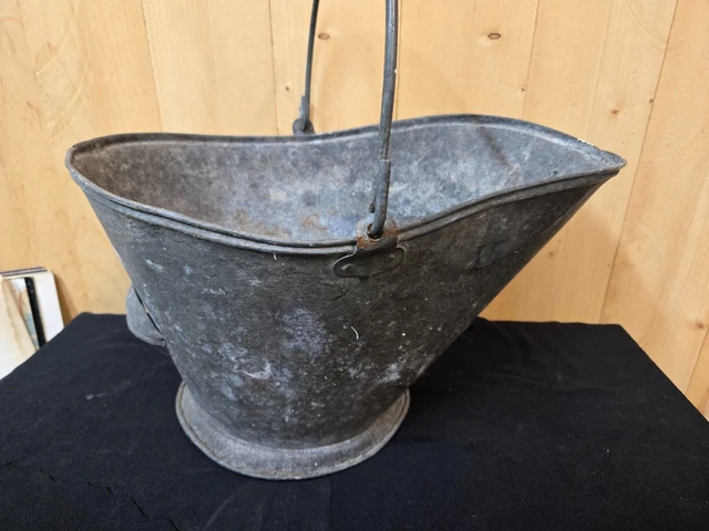 VINTAGE LARGE GALVANIZED Coal Scuttle Ash Bucket Heavy Duty Primitive ...