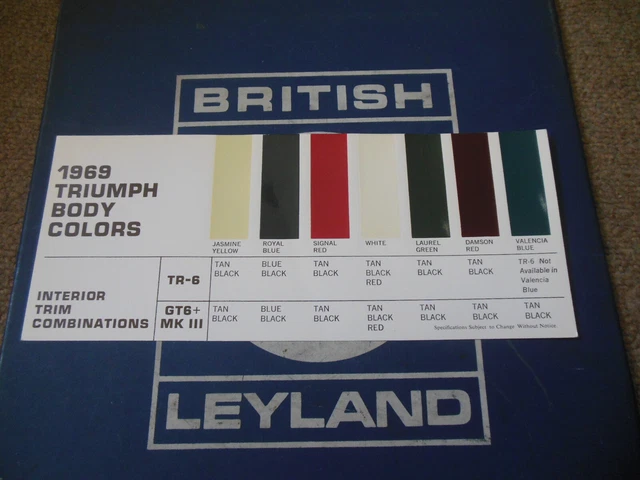 NOS BRITISH Leyland 1969 Triumph Color Chart Brochure TR6 Spitfire MK3 ...