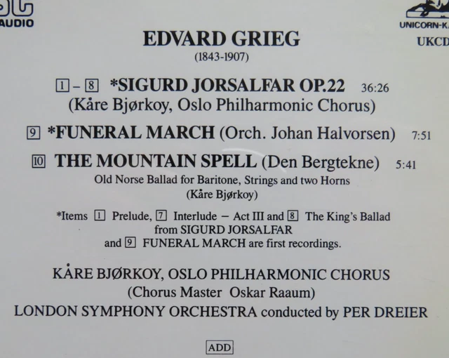 GRIEG - SIGURD Jorsalfar / Funeral March DREIER LSO - Ex Con CD Unicorn ...