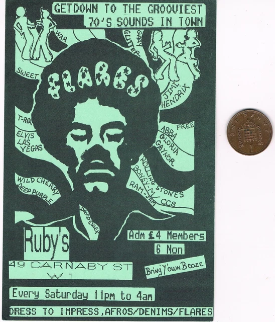 FLARES ROCK 70'S Flyer Flyers 1990 A6 Rubys Carnaby Street London Disco ...