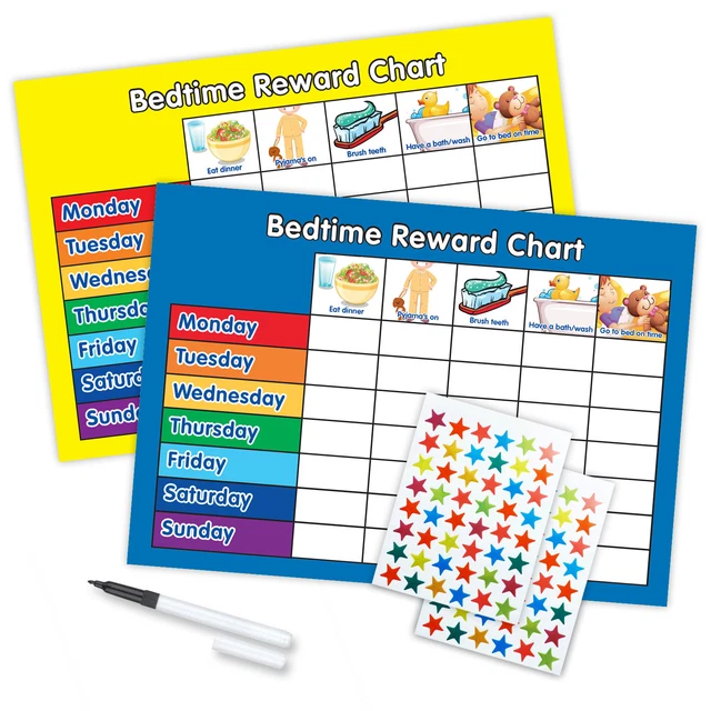 BEDTIME ROUTINE REWARD CHART Blue/Yellow MAGNETIC WITH PEN STARS EUR 7 ...