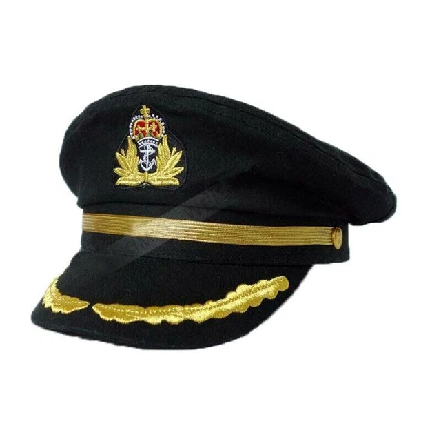 BLACK YACHT CAPTAIN Skipper Navy Sailor Boat Cap Hat Costume Adjustable ...