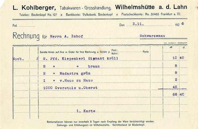 OLD INVOICE RECEIPT 1926 Kohlberger tobacco tobacco cigarettes ...
