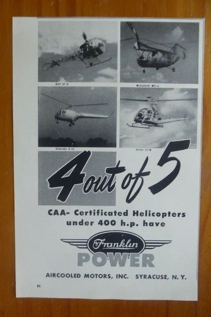 11/1953 PUB FRANKLIN Aircraft Engine Aircooled Motors Mc-4 Hiller 12B ...