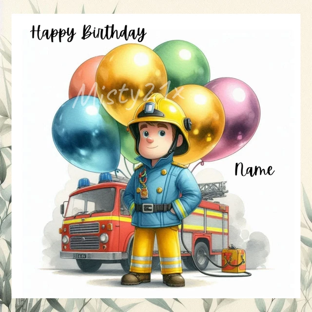PERSONALISED FIREMAN SAM Happy Birthday Greeting Card Fire Engine Hose ...