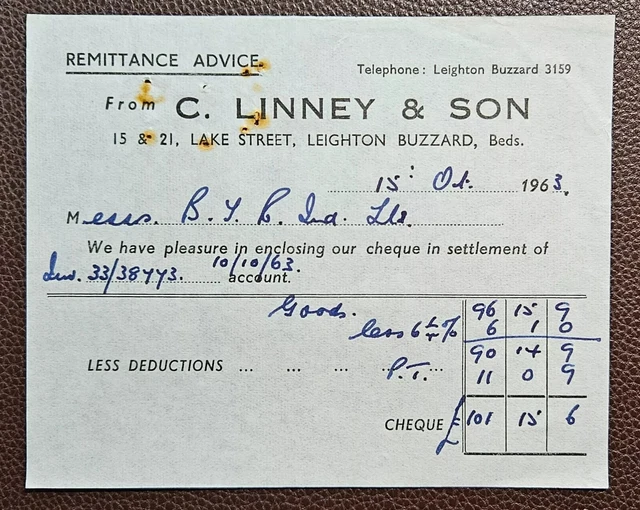1963 C. LINNEY & Son, (Saddlers), Lake Street, Leighton Buzzard Invoice ...