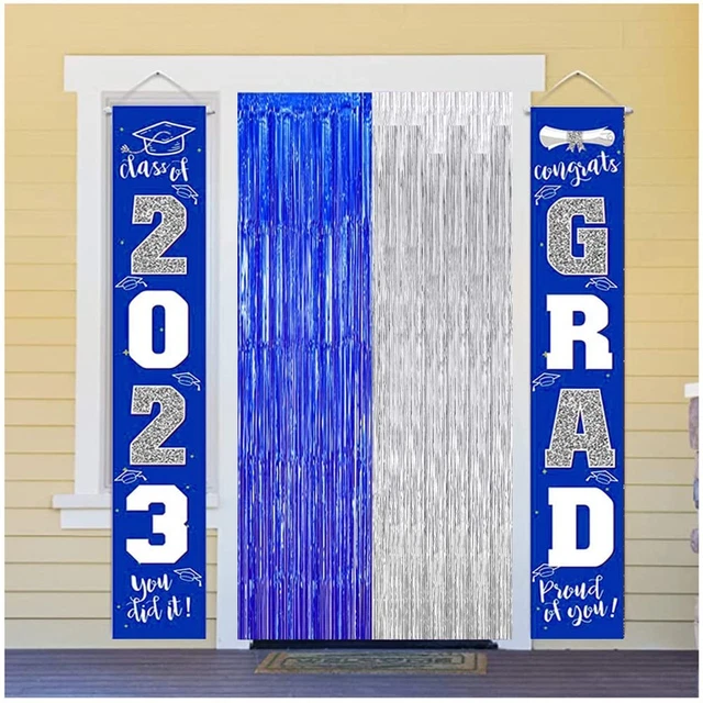 GRADUATION BACKDROP CURTAIN 2025, Blue Silver Party Decorations ...