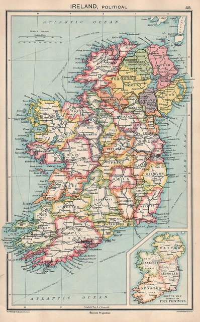 1931 MAP ~ Ireland Political ~ Munster Connaught Cork Kerry Mayo Galway ...