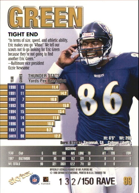1998 SKYBOX THUNDER Rave Baltimore Ravens carte de football #99 Eric ...