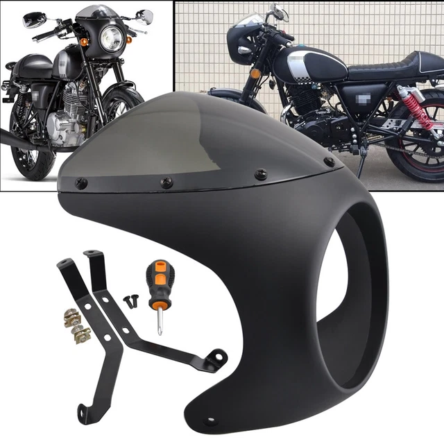 UNIVERSAL BLACK CAFE Racer 7" Round Headlight Fairing Windshield Screen ...