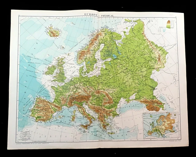 MAP OF EUROPE European Physical Geography Chart Post WW1 Antique Large ...