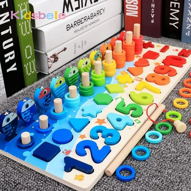 KIDS MONTESSORI MATH Toys Educational Wooden Puzzle Fishing Shape ...