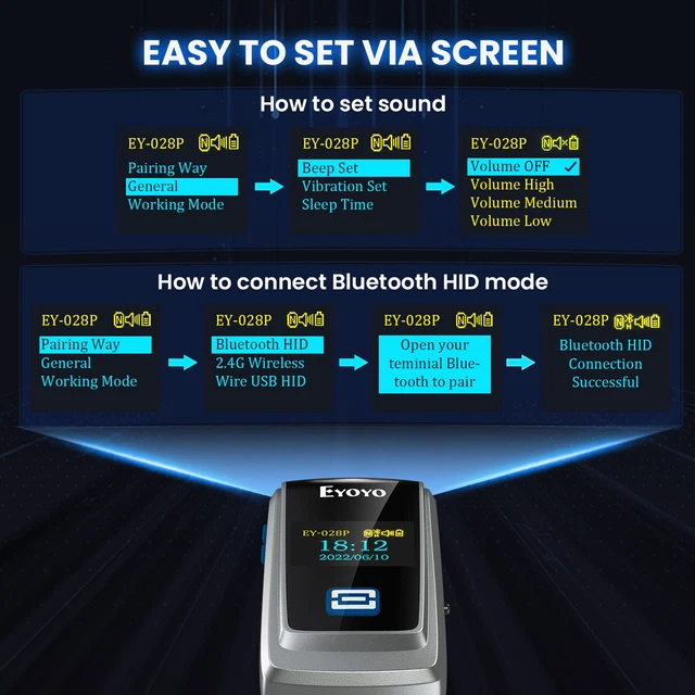 EYOYO LCD DISPLAY 2D Barcode Scanner Wireless Compatible For iPhone ...