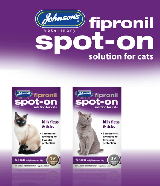 JOHNSONS FIPRONIL SPOT-ON Treatment Drops For Cats Kills Fleas & Ticks ...