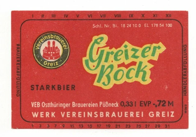 >> BIERETIKETT BEERLABEL DDR VEB (B) Vereinsbrauerei Greiz GK Gera Karamel