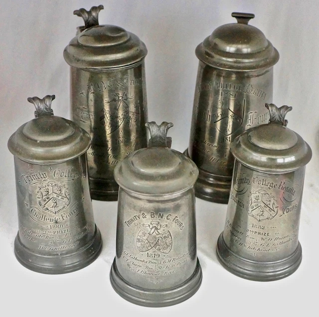 5 PEWTER ROWING Trophy Tankards. Trinity College, Oxford University ...