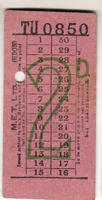 BUS / TRAM ticket Metropolitan Electric Tramways 2d (HDON) Hendon Depot ...