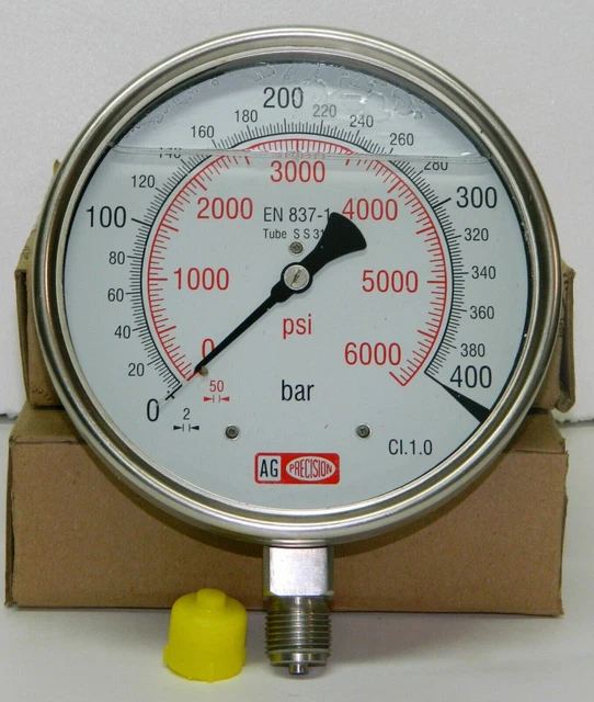 PRESSURE GAUGE: GLYCERIN Filled, Dual Scale 0-400 BAR & 0-6000 PSI, 150 ...