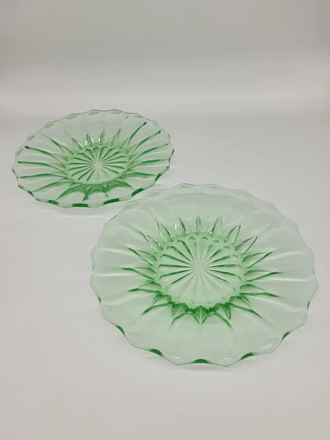 ART DECO GLASS plates 'Sunburst' Green Frosted Pressed Glass Side ...