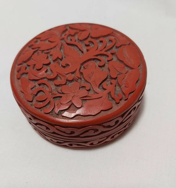 ANTIQUE CHINA CARVED red lacquer cinnabar phoenix trinket box Dia 7.5cm ...