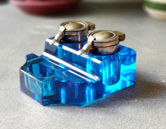 ANCIEN ENCRIER DOUBLE VERRE BLEU turquoise avec PLUMIER EUR 49,90 ...