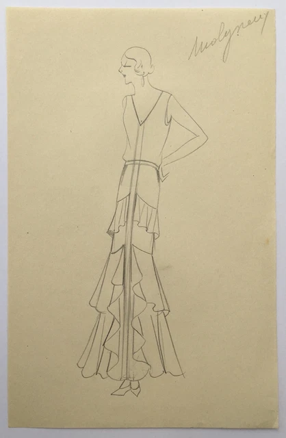 DISEGNO ORIGINALE ART Deco Croquis Moda Sartoria Ritratto Donna Vestito ...