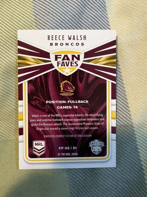 SIGNED REECE WALSH Brisbane Broncos 2025 NRL Traders Fan Faves Card £14 ...