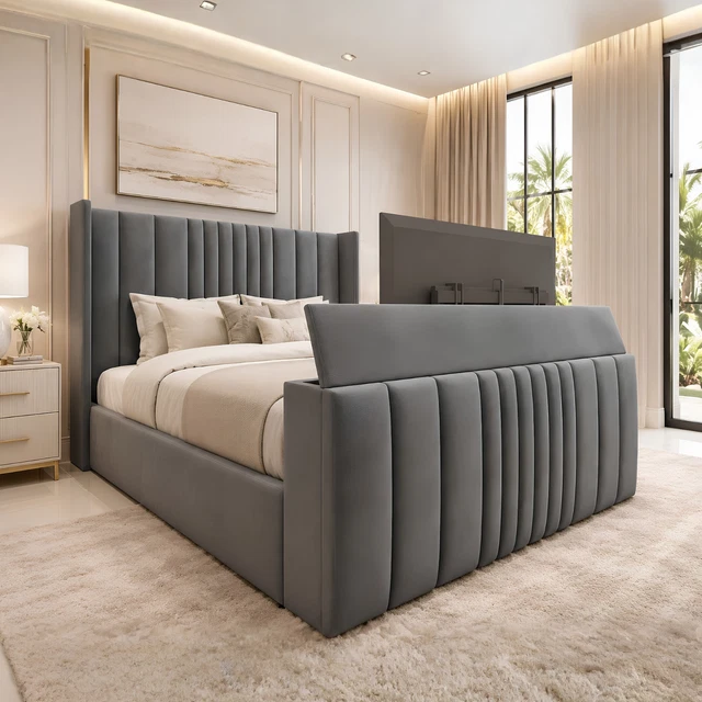 TV BED FRAME Winged Plush Velvet Upholstered Storage 4FT6 Double 5FT ...