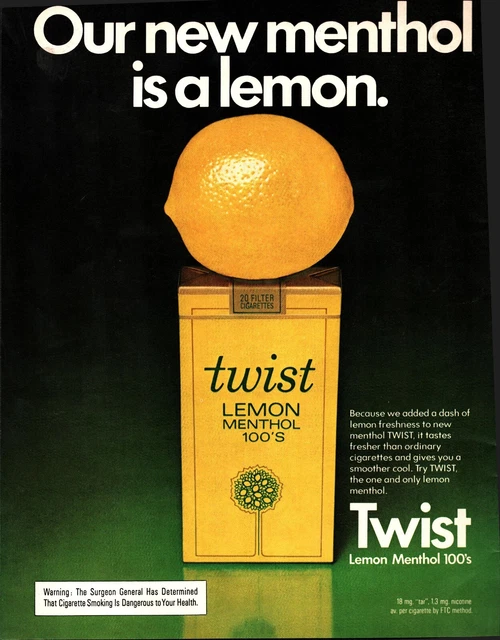 1974 TWIST LEMON menthol années 100 paquet cigarettes vintage ...